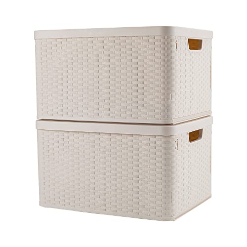 Kestbon Folding Plastic Storage Bins with Lids, Large Stackable Storage Bins, Sturdy Storage Containers for Organizing, Storage Box for Clothes, Blankets, Towels, Books, Toys, Etc, (2Pcs Beige)