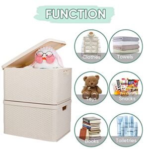 Kestbon Folding Plastic Storage Bins with Lids, Large Stackable Storage Bins, Sturdy Storage Containers for Organizing, Storage Box for Clothes, Blankets, Towels, Books, Toys, Etc, (2Pcs Beige)