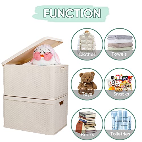 Kestbon Folding Plastic Storage Bins with Lids, Large Stackable Storage Bins, Sturdy Storage Containers for Organizing, Storage Box for Clothes, Blankets, Towels, Books, Toys, Etc, (2Pcs Beige)