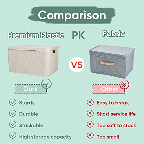 Kestbon Folding Plastic Storage Bins with Lids, Large Stackable Storage Bins, Sturdy Storage Containers for Organizing, Storage Box for Clothes, Blankets, Towels, Books, Toys, Etc, (2Pcs Beige)