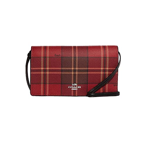 COACH Women's Anna Foldover Crossbody Clutch (Coated Canvas - Tartan Plaid Print - Red/Black Multi)