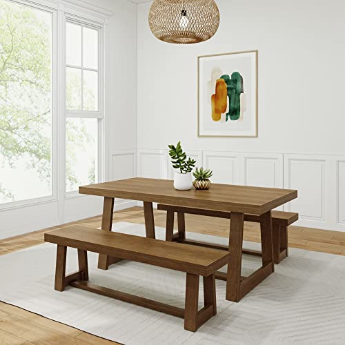 Plank+Beam Farmhouse Dining Table Set, Solid Wood Dining Table with 2 Benches for Dining Room/Kitchen, Pecan Wirebrush