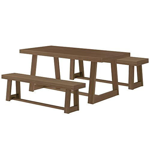 Plank+Beam Farmhouse Dining Table Set, Solid Wood Dining Table with 2 Benches for Dining Room/Kitchen, Pecan Wirebrush