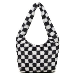 fashion soft faux fur shoulder bag purse for women retro checkered fluffy hobo handbag zipper closure (white black)