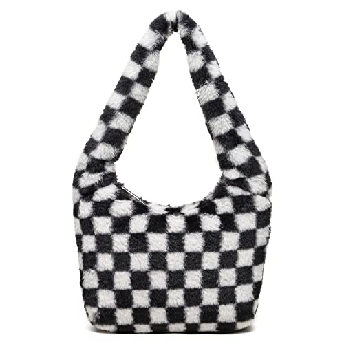 Fashion Soft Faux Fur Shoulder Bag Purse for Women Retro Checkered Fluffy Hobo Handbag Zipper Closure (White Black)