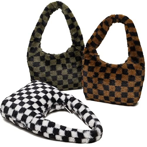 Fashion Soft Faux Fur Shoulder Bag Purse for Women Retro Checkered Fluffy Hobo Handbag Zipper Closure (White Black)