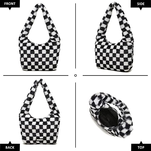 Fashion Soft Faux Fur Shoulder Bag Purse for Women Retro Checkered Fluffy Hobo Handbag Zipper Closure (White Black)