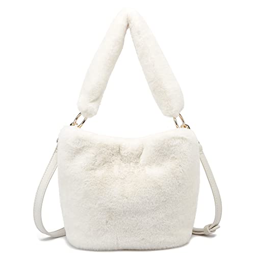 Like Dreams Women's Furry Soft Faux Fur Hobo Top Handle Crossbody Bag Vegan Leather Strap Bucket Satchel Handbag (Ivory)