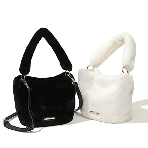 Like Dreams Women's Furry Soft Faux Fur Hobo Top Handle Crossbody Bag Vegan Leather Strap Bucket Satchel Handbag (Ivory)