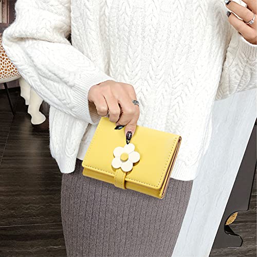 LJCZKA Cute Small Wallet for Girls Women - RFID Blocking PU Leather Tri-folded Flowers Cash Pocket with Card Holder Slim Short Wallet (Yellow)