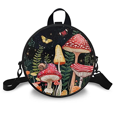 Tisuoting Women's Stylish Designer Shoulder Bags Mushroom Forest Round Lightweight Novelty Small Quilted Crossbody Bag Adjustable Detachable Fashion Satchel Handbags Tote Wallet Purse