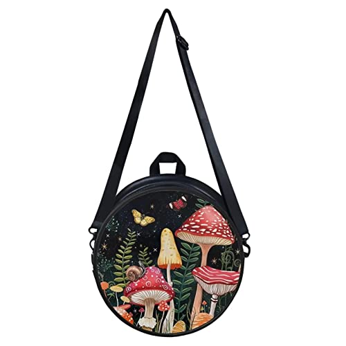 Tisuoting Women's Stylish Designer Shoulder Bags Mushroom Forest Round Lightweight Novelty Small Quilted Crossbody Bag Adjustable Detachable Fashion Satchel Handbags Tote Wallet Purse