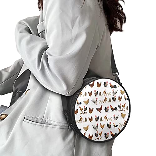 Tisuoting Women's Stylish Quilted Crossbody Bag White Rooster Chicken Circular Lightweight Adjustable Detachable Strap Satchel Designer Printed Shoulder Bag Handbag Wallet Purse Totes