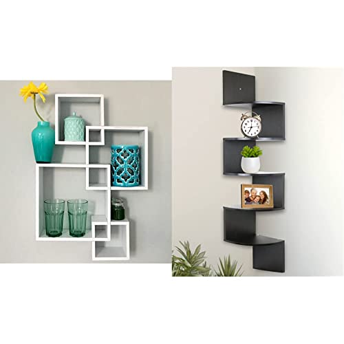 Greenco White Floating Cube Intersecting Mounted Wall Decor Square Shelves for Bedrooms, 25.5 Inch & Corner Shelf Unit Wall Mount 5 Tier Wood Floating Shelves, Easy-to-Assemble Tiered Wall Storage