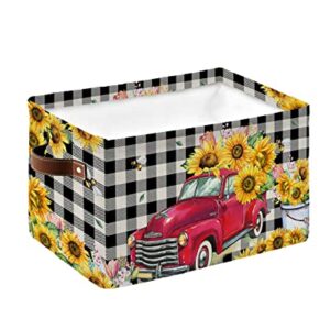 1 PC Large Storage Basket Bins Waterproof Fabric, Spring Sunflower Tulip Bee Floral Rectangular Storage Box for Shelf Closet Organizer Summer Red Truck Flower Black Plaid