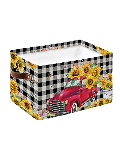 1 PC Large Storage Basket Bins Waterproof Fabric, Spring Sunflower Tulip Bee Floral Rectangular Storage Box for Shelf Closet Organizer Summer Red Truck Flower Black Plaid