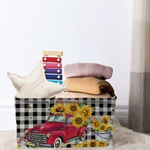 1 PC Large Storage Basket Bins Waterproof Fabric, Spring Sunflower Tulip Bee Floral Rectangular Storage Box for Shelf Closet Organizer Summer Red Truck Flower Black Plaid