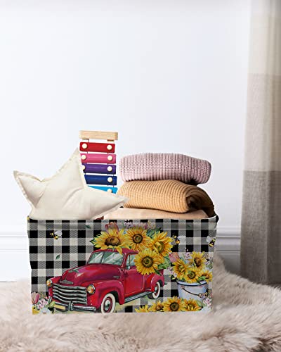 1 PC Large Storage Basket Bins Waterproof Fabric, Spring Sunflower Tulip Bee Floral Rectangular Storage Box for Shelf Closet Organizer Summer Red Truck Flower Black Plaid