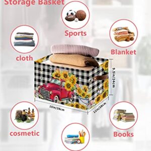 1 PC Large Storage Basket Bins Waterproof Fabric, Spring Sunflower Tulip Bee Floral Rectangular Storage Box for Shelf Closet Organizer Summer Red Truck Flower Black Plaid