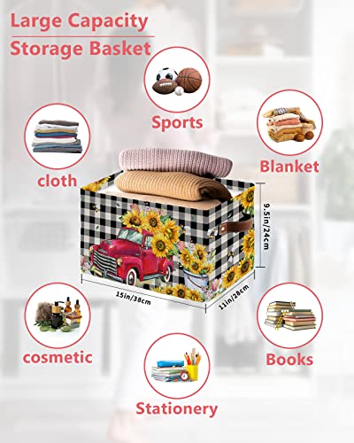 1 PC Large Storage Basket Bins Waterproof Fabric, Spring Sunflower Tulip Bee Floral Rectangular Storage Box for Shelf Closet Organizer Summer Red Truck Flower Black Plaid