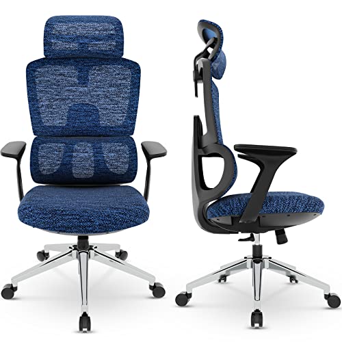 Dripex Ergonomic Office Chair Mesh Computer Desk Chairs with Lumbar Support/Adjustable Headrest/Cushioned Seat/Breathable High Back/Wheels Arms, Swivel Rolling Task Chair for Home Office (Blue)