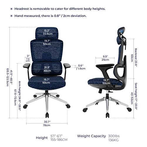 Dripex Ergonomic Office Chair Mesh Computer Desk Chairs with Lumbar Support/Adjustable Headrest/Cushioned Seat/Breathable High Back/Wheels Arms, Swivel Rolling Task Chair for Home Office (Blue)