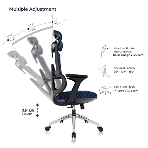 Dripex Ergonomic Office Chair Mesh Computer Desk Chairs with Lumbar Support/Adjustable Headrest/Cushioned Seat/Breathable High Back/Wheels Arms, Swivel Rolling Task Chair for Home Office (Blue)