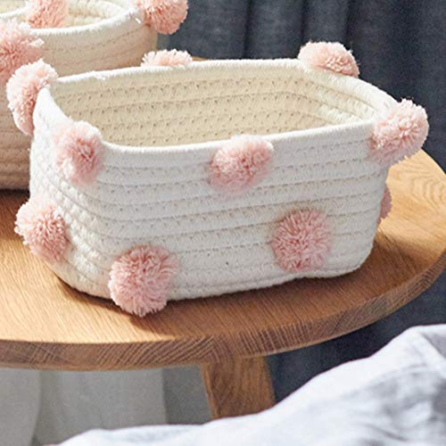 meialla Cotton Woven Storage Basket Cute Pompom Decor Sundries Finishing Box Nordic Cosmetic Toys Organizer Pink S