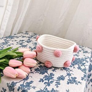 meialla Cotton Woven Storage Basket Cute Pompom Decor Sundries Finishing Box Nordic Cosmetic Toys Organizer Pink S