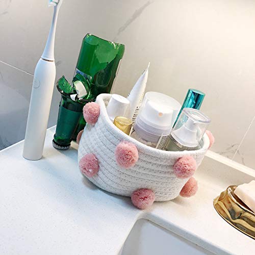 meialla Cotton Woven Storage Basket Cute Pompom Decor Sundries Finishing Box Nordic Cosmetic Toys Organizer Pink S