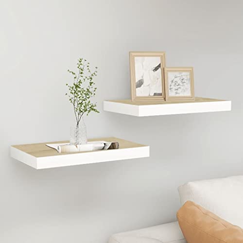 GOLINPEILO Floating Wall Shelves, Set of 2 Decor Wall Mounted Shelves, Hanging Shelf with Invisible Brackets for Bathroom/Living Room/Bedroom/Kitchen Decor, Oak and White 15.7"x9.1"x1.5" MDF