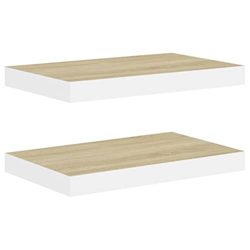 GOLINPEILO Floating Wall Shelves, Set of 2 Decor Wall Mounted Shelves, Hanging Shelf with Invisible Brackets for Bathroom/Living Room/Bedroom/Kitchen Decor, Oak and White 15.7"x9.1"x1.5" MDF