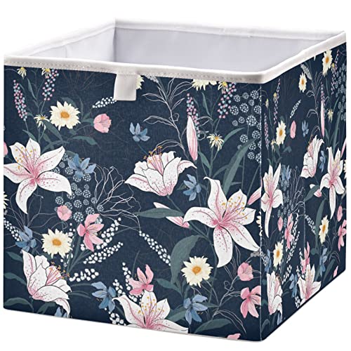 visesunny Closet Baskets Retro Lily Floral Storage Bins Fabric Baskets for Organizing Shelves Foldable Storage Cube Bins for Clothes, Toys, Baby Toiletry, Office Supply