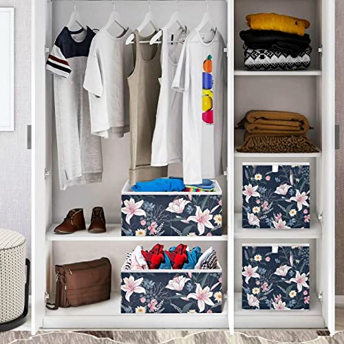 visesunny Closet Baskets Retro Lily Floral Storage Bins Fabric Baskets for Organizing Shelves Foldable Storage Cube Bins for Clothes, Toys, Baby Toiletry, Office Supply