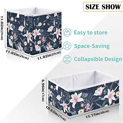 visesunny Closet Baskets Retro Lily Floral Storage Bins Fabric Baskets for Organizing Shelves Foldable Storage Cube Bins for Clothes, Toys, Baby Toiletry, Office Supply