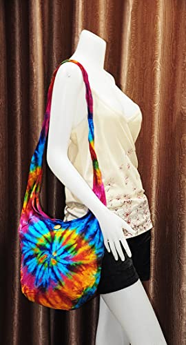 Thai Hippie Tie Dye Hobo Sling Crossbody Shoulder Bag Purse Handmade Zip Mix Pattern Cotton Gypsy Boho Messenger Medium (M2239)