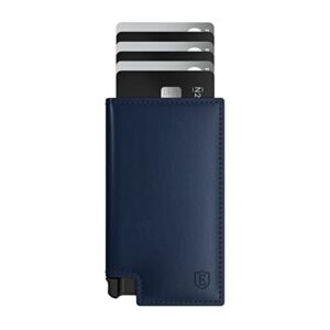 ekster parliament leather wallet for men | lwg-certified minimalist wallets with rfid blocking layer | slim & modern aluminum wallet with push button for quick card access (navy)