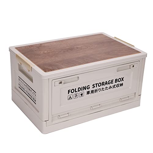 Foldable Plastic Storage Bin with Wooden Lid Foldable and Stackable Storage Box, Organizer for Outdoor Camping, Home and Office, Store Picnic Supplies, Books, Snacks and More