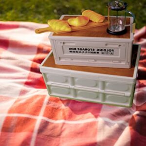 Foldable Plastic Storage Bin with Wooden Lid Foldable and Stackable Storage Box, Organizer for Outdoor Camping, Home and Office, Store Picnic Supplies, Books, Snacks and More