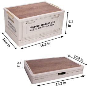 Foldable Plastic Storage Bin with Wooden Lid Foldable and Stackable Storage Box, Organizer for Outdoor Camping, Home and Office, Store Picnic Supplies, Books, Snacks and More