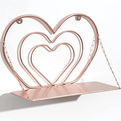 Godimerhea 12in Heart Floating Shelves for Wall, Cute Funny Heart Wall Mounted Hanging Shelf Rose Gold Unique Small Decorative Storage Racks for Bedroom, Bathroom, Living Room