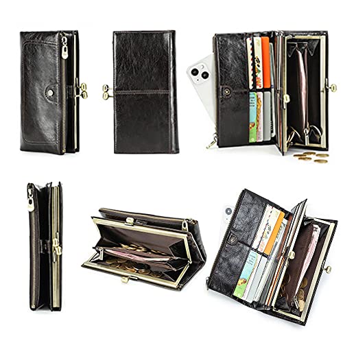 Contact's Kiss Lock Wallet for Women Leather Clutch Wallet Vintage Coin Purse RFID Wallet Bifold Brown Card Phone Holder