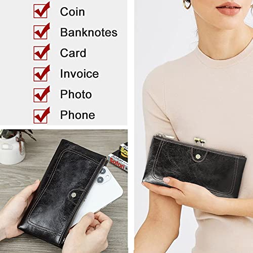 Contact's Kiss Lock Wallet for Women Leather Clutch Wallet Vintage Coin Purse RFID Wallet Bifold Brown Card Phone Holder