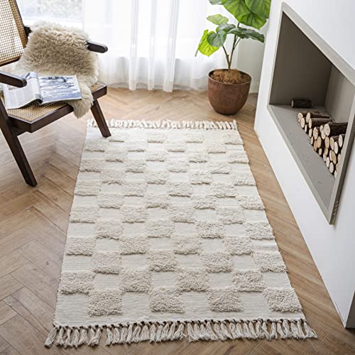 Lahome Boho Living Room Rug, 3x5 Checkered Bath Entryway Rug Farmhouse Washable Kitchen Rug with Tassels, Non-Shedding Beige Throw Rug Tufted Woven Rug for Bedroom Dressing Room Office