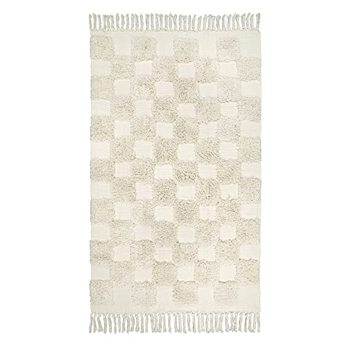 Lahome Boho Living Room Rug, 3x5 Checkered Bath Entryway Rug Farmhouse Washable Kitchen Rug with Tassels, Non-Shedding Beige Throw Rug Tufted Woven Rug for Bedroom Dressing Room Office