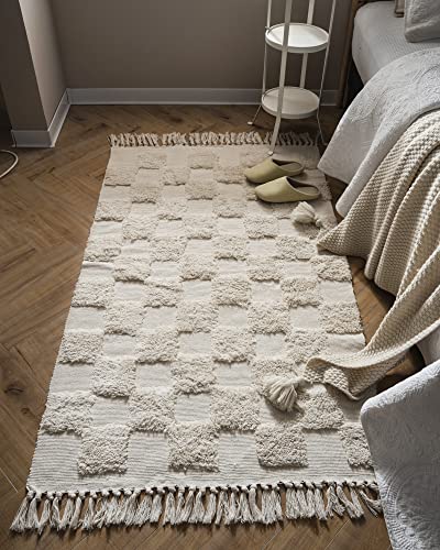 Lahome Boho Living Room Rug, 3x5 Checkered Bath Entryway Rug Farmhouse Washable Kitchen Rug with Tassels, Non-Shedding Beige Throw Rug Tufted Woven Rug for Bedroom Dressing Room Office