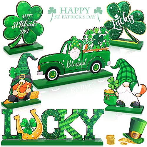 6 Pieces St. Patrick's Day Table Sign Decoration Happy Irish Lucky Table Centerpiece Signs Shamrock Gnome Wood Sign Leprechaun Table Decorations Signs for St Patrick's Day Home Party Decor