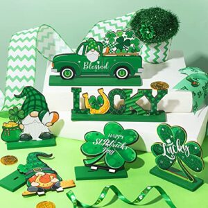 6 Pieces St. Patrick's Day Table Sign Decoration Happy Irish Lucky Table Centerpiece Signs Shamrock Gnome Wood Sign Leprechaun Table Decorations Signs for St Patrick's Day Home Party Decor