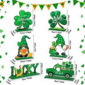 6 Pieces St. Patrick's Day Table Sign Decoration Happy Irish Lucky Table Centerpiece Signs Shamrock Gnome Wood Sign Leprechaun Table Decorations Signs for St Patrick's Day Home Party Decor