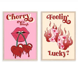 retro aesthetic poster prints groovy vintage retro wall art aesthetic pink pictures for wall preppy posters for room aesthetic maximalist wall decor cherry bomb flaming dice poster 16x24inch no frame